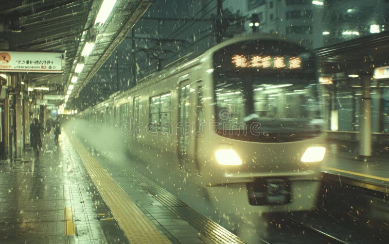 Rainy Night Commuter Train Arrival Stock Illustration - Illustration of ...