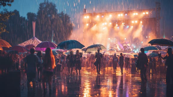 Rainy Night Concert Crowd Under Umbrellas Stock Illustration ...
