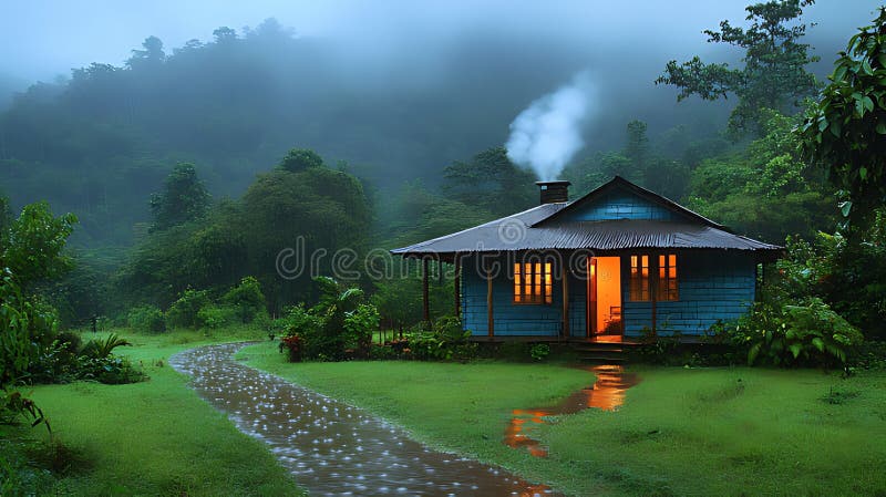 Rainy Night, Cozy Cabin, Forest, Path, Warm Light Stock Illustration - Illustration of nature ...