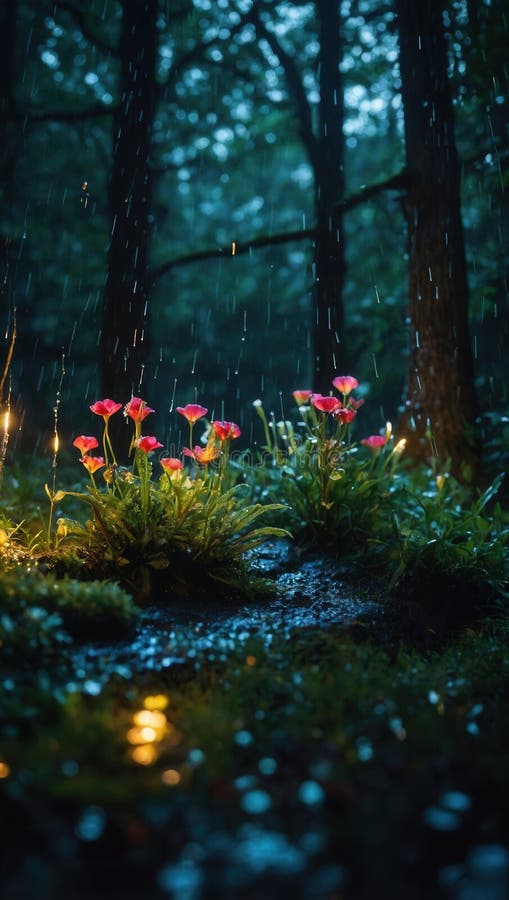 Rainy Night Forest with Illuminated Flower Beds, Viewed from Elevated ...