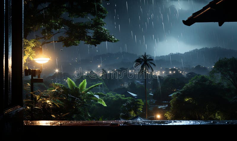 Rainy Night in Jungle with Street Light Stock Photo - Image of ...