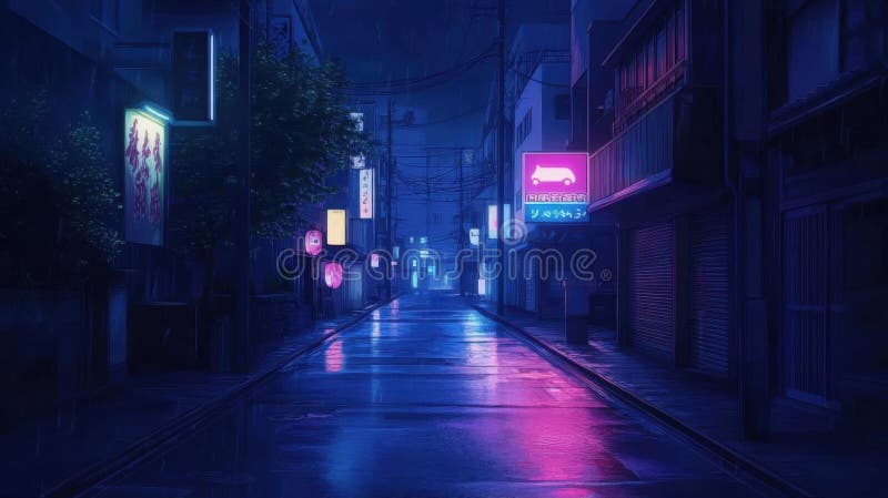 Rainy Night in Neon City Alley Stock Illustration - Illustration of ...