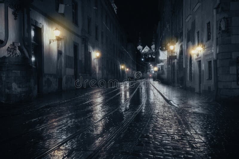 Rainy night in old city stock image. Image of lvov, rain - 63492553