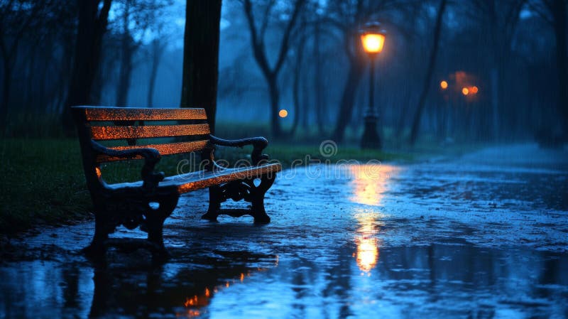 Rainy Night Park Bench Scene Stock Illustration - Illustration of ...
