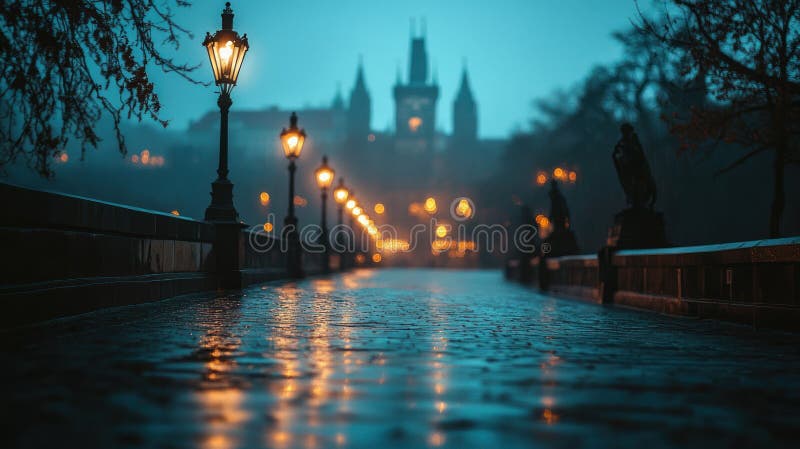 Rainy Night, Prague Bridge, Castle Backdrop, Romantic Scene Stock ...