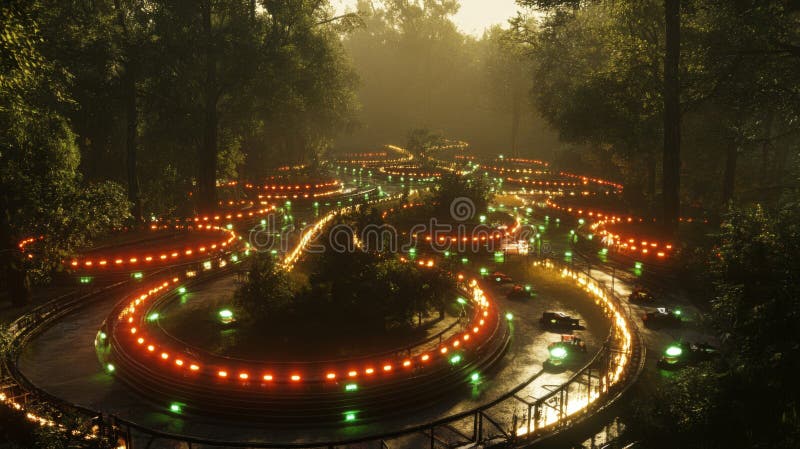 Rainy Night Race Track in Lush Forest with Glowing Lights Stock ...