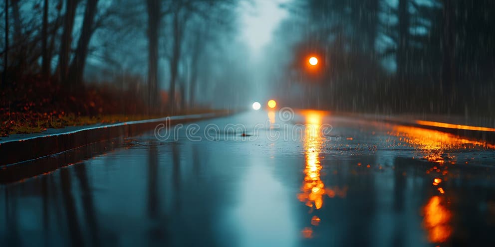 Rainy Night Road Dark Trees Reflecting in Puddles Stock Illustration ...