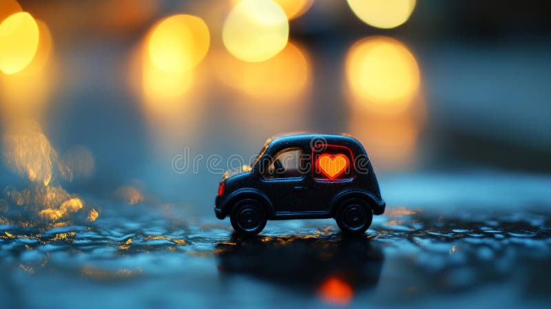 Rainy Night Romance: Miniature Car with Glowing Heart Stock ...