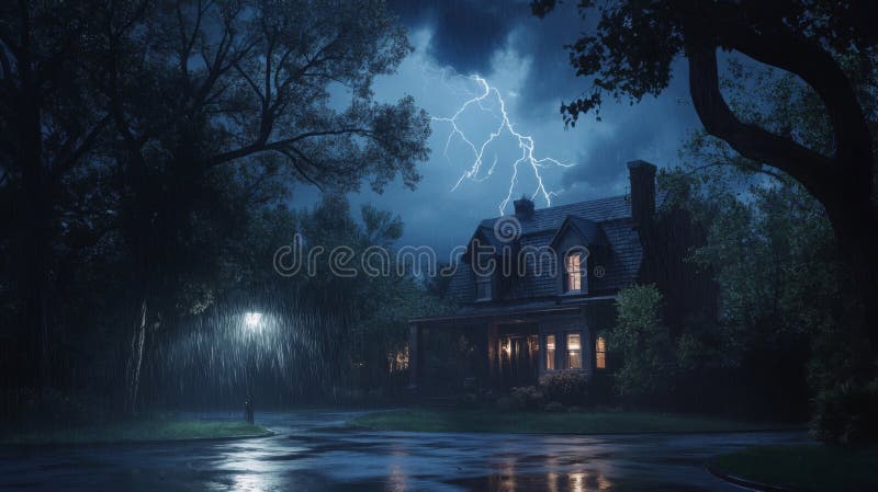 Rainy Night Scene with Lightning Storm Over a House Stock Illustration ...