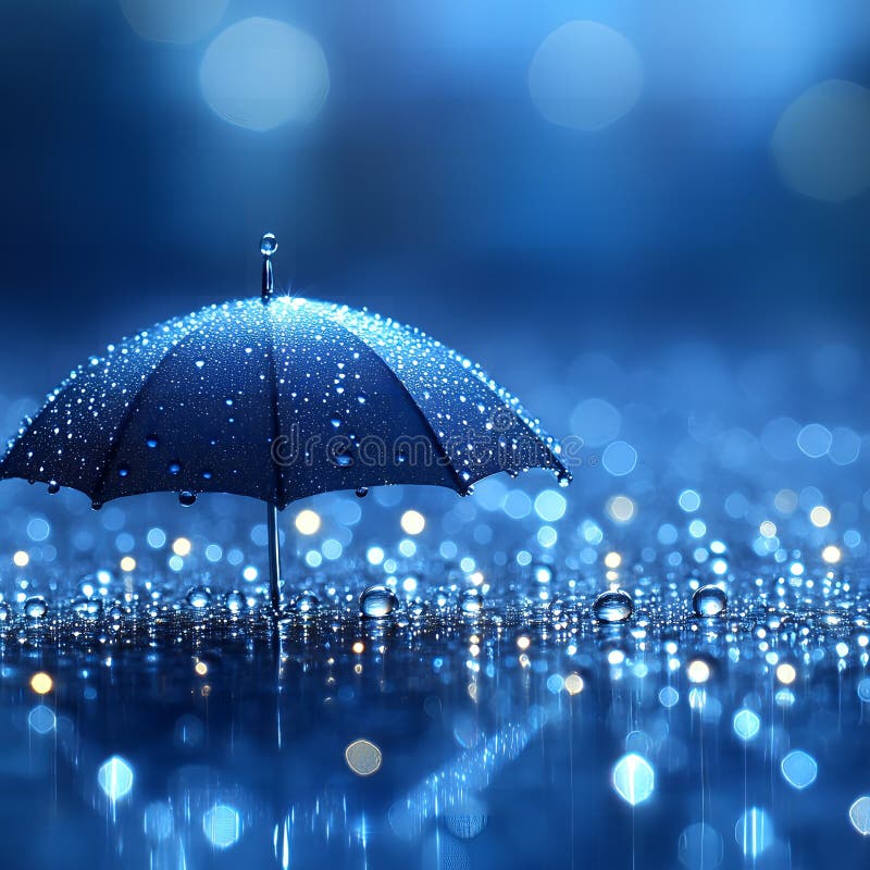 Rainy Night Scene Small Blue Umbrella Under Rain Drops with Glowing Lights Background Stock ...