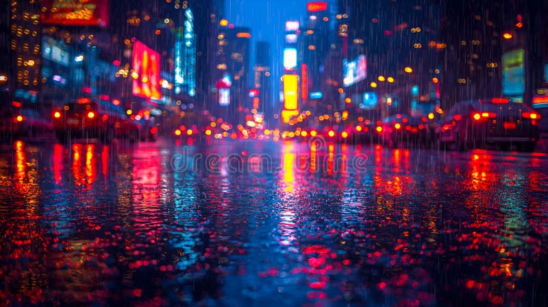Rainy Night in Times Square, City Traffic Reflections Stock ...