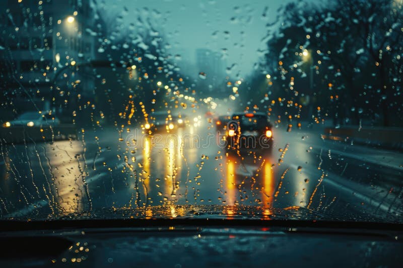Rainy Night Traffic View from Vehicle Dashboard Interior Stock ...