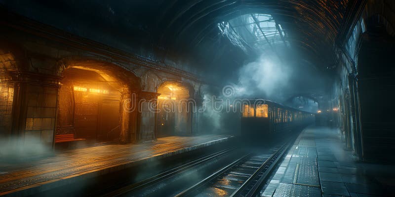 Rainy Night Train Station Dark Atmospheric Background Image Stock ...