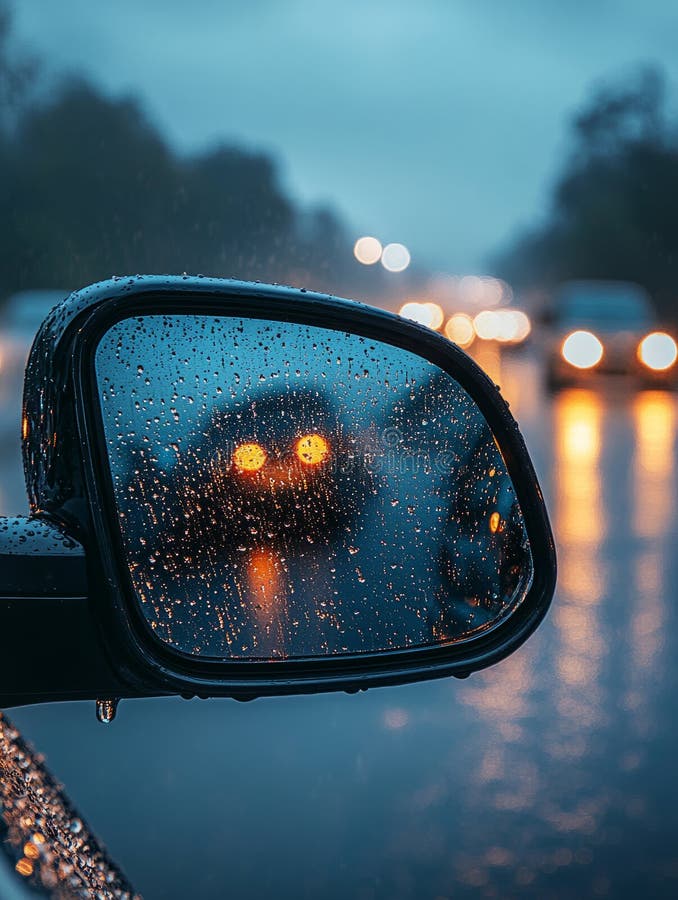 Rainy Night View through Car Mirror with Traffic Lights. Stock Image ...