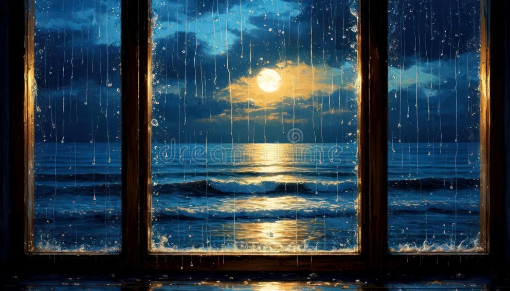 Rainy Night View of the Moonlight Reflecting on the Ocean through a Wet ...