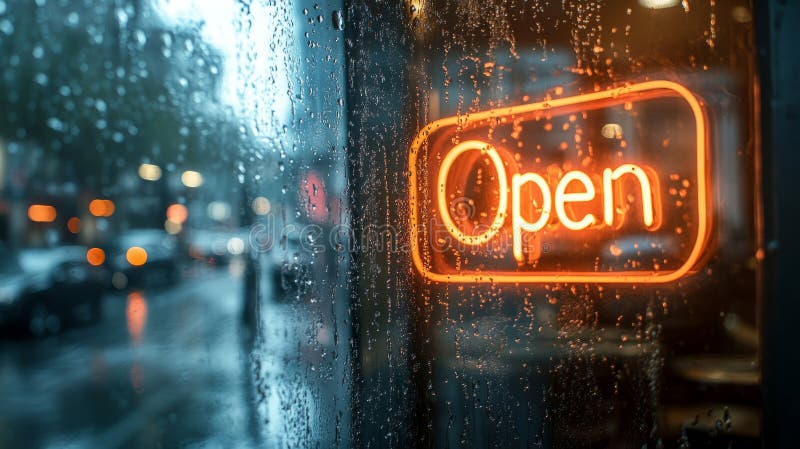 Rainy Night View of an Open Neon Sign in a Storefront Window. Stock ...