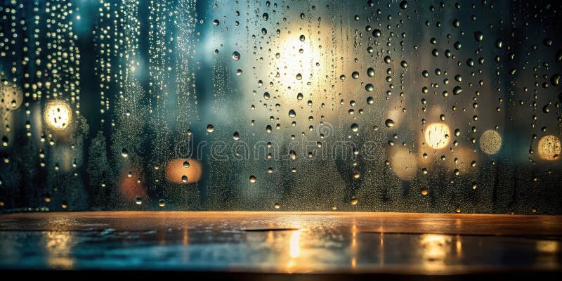 Rainy Night Window View with a Wooden Surface. Generative AI Stock ...