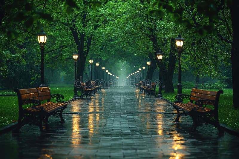 Rainy Park Path with Lit Lamps and Benches Stock Illustration ...