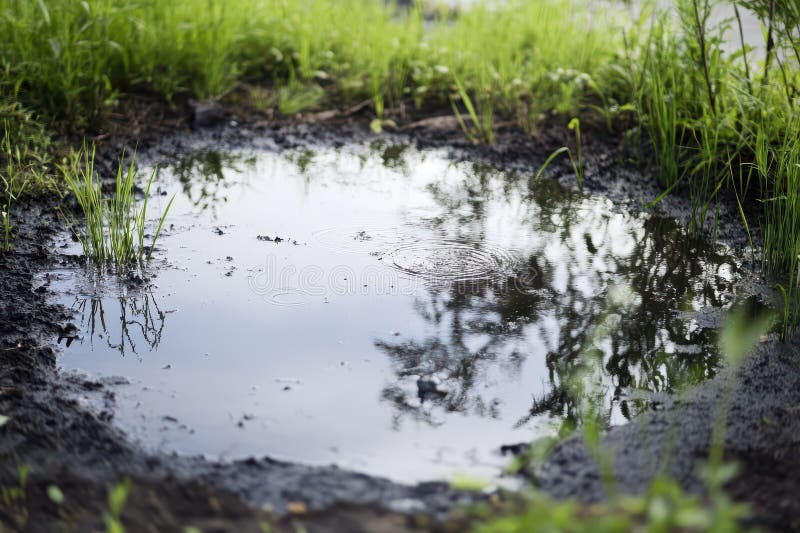 Rainy Puddle Mirrors Green Landscape Stock Image - Image of rainwater ...