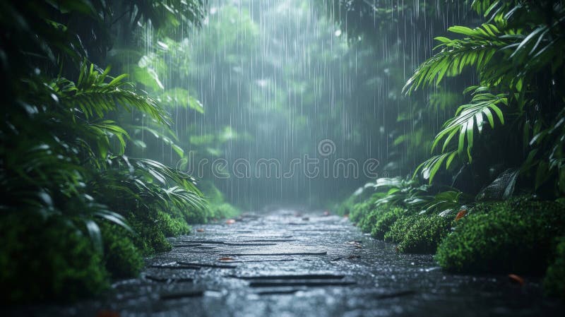 Rainy Rainforest Path: Lush Green Foliage and Tranquil Atmosphere Stock ...