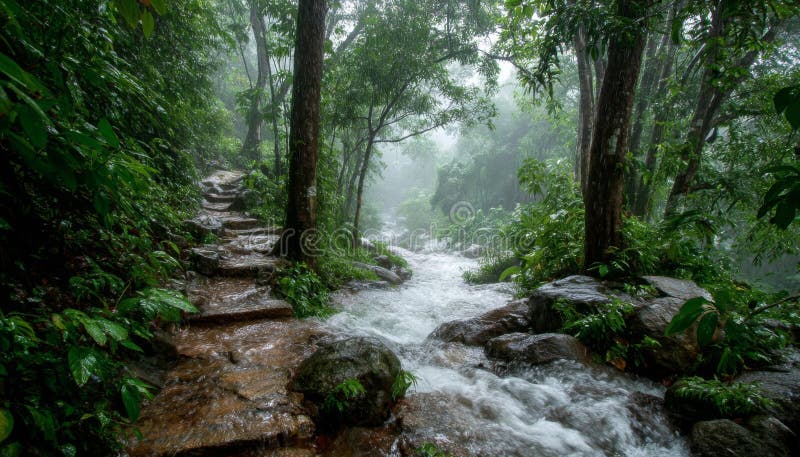 Rainy Rainforest Path with Lush Greenery and Waterfall Stock ...