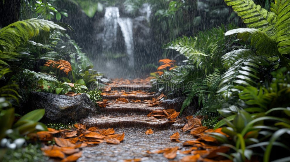 Rainy Rainforest Path with Waterfall Stock Illustration - Illustration ...