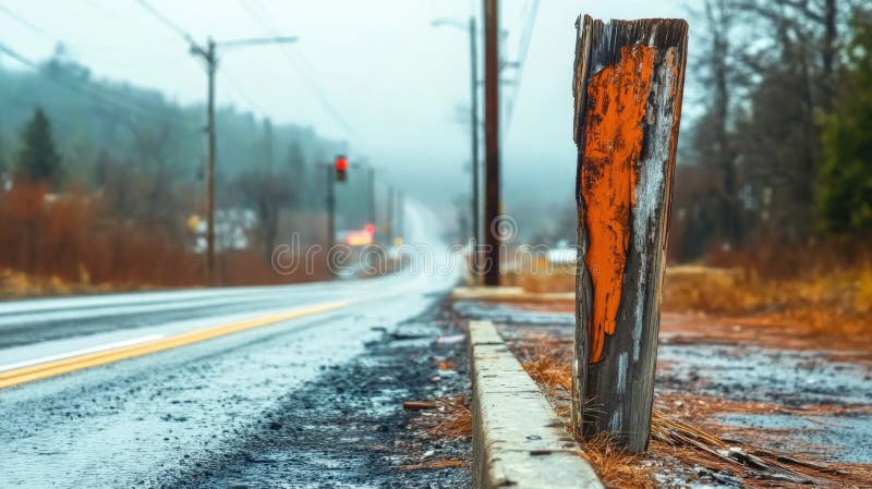 Rainy Road with Orange Painted Post on Foggy Day Stock Photo - Image of ...