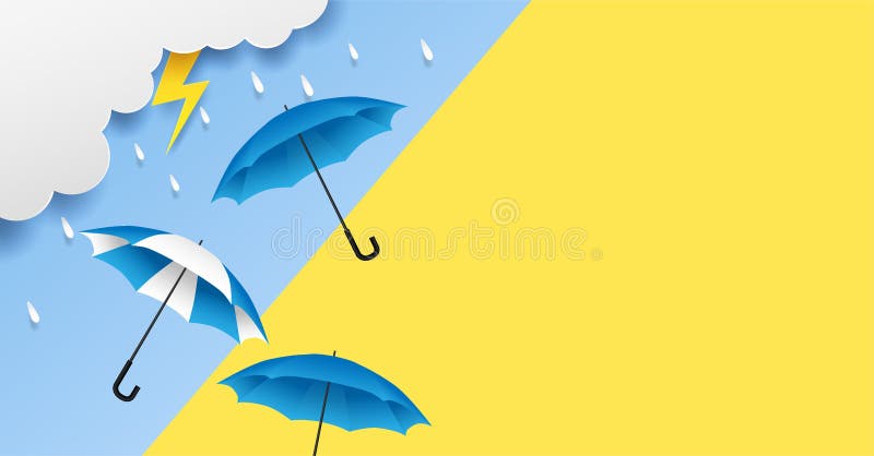 Rainy Season. Design with Raining Drops, Umbrella and Clouds on Blue ...
