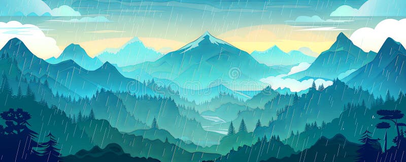 Rainy Season Mountains, Flat Design, Front View, Scenic Theme, Cartoon ...