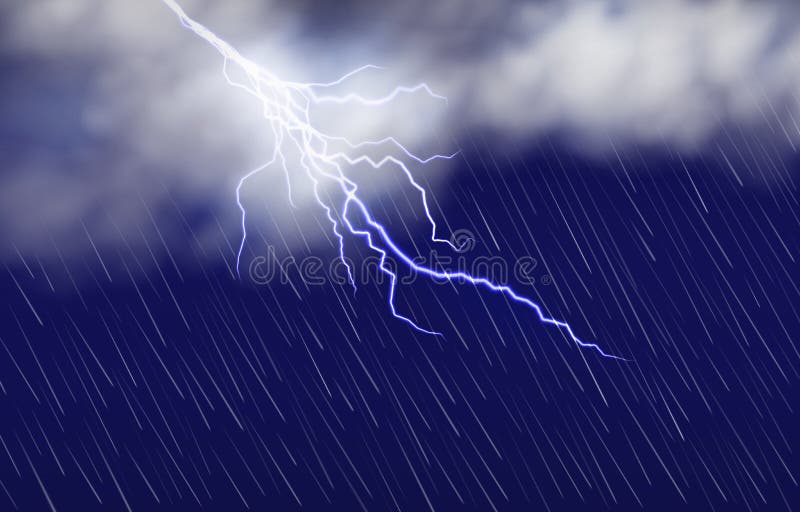 Rainy Sky. Light Storm Weather. Water Raindrops and Thunderbolt Flash ...