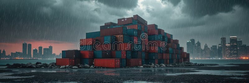 Rainy Skyline Evening with Stacked Shipping Containers at Waterfront ...