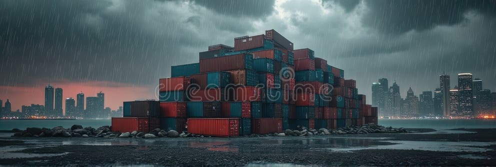 Rainy Skyline Evening with Stacked Shipping Containers at Waterfront ...