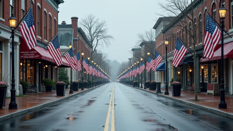 Rainy Small Town Main Street with American Flags Lined Alongside Brick ...