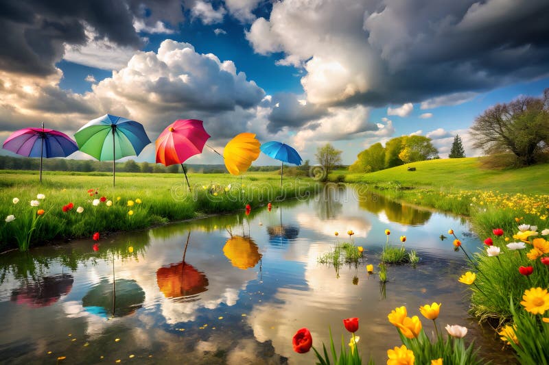 Rainy Spring Landscape with Dark Clouds, Wet Grass & Blooming Flowers ...