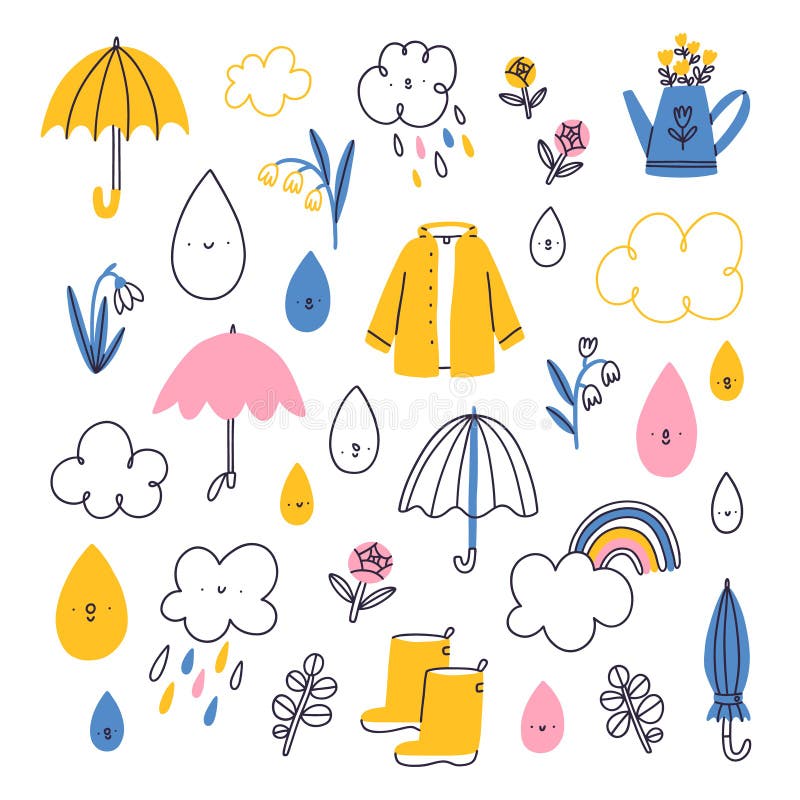 Rainy Spring Weather, Cute Vector Characters Set Stock Vector ...