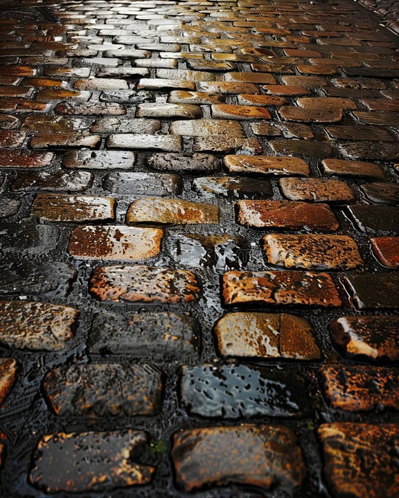 A Rainy Street with Bricks and Water Stock Photo - Image of flagstone ...