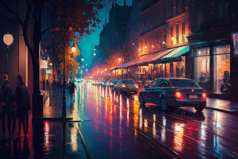 Rainy Street at Night. Generative AI Stock Image - Image of water ...