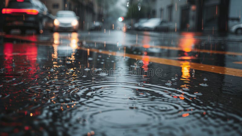 Rainy Street with Puddle Reflecting City Lights at Night Stock ...