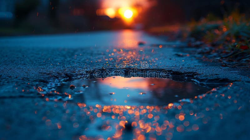Rainy Sunset Reflection on Puddle - Generative Ai Stock Illustration ...