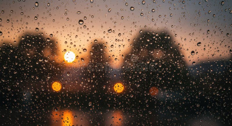 Rainy Sunset View through Window with Water Droplets Stock Illustration ...