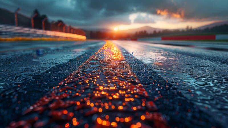 Rainy Track at Sunset with Bokeh Lights - Generative Ai Stock ...