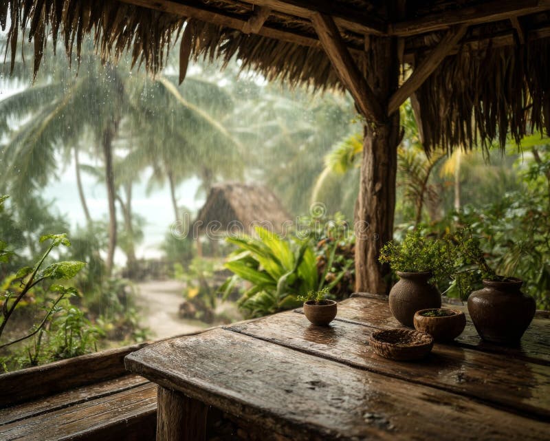 Rainy Tropical Beach Hut with Wooden Table Stock Illustration ...