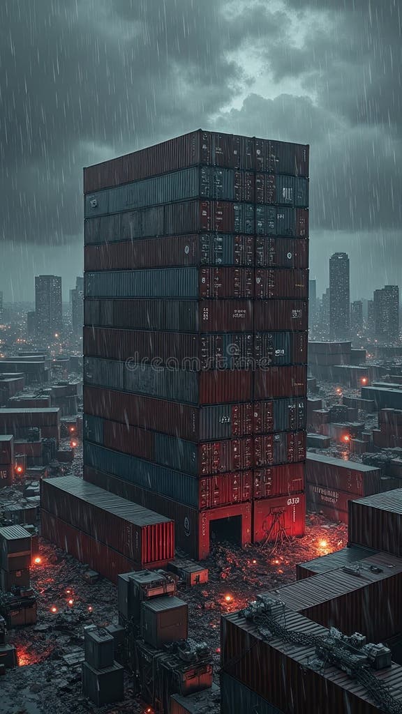 Rainy Urban Container Yard at Night with Towering Stack and Cityscape ...