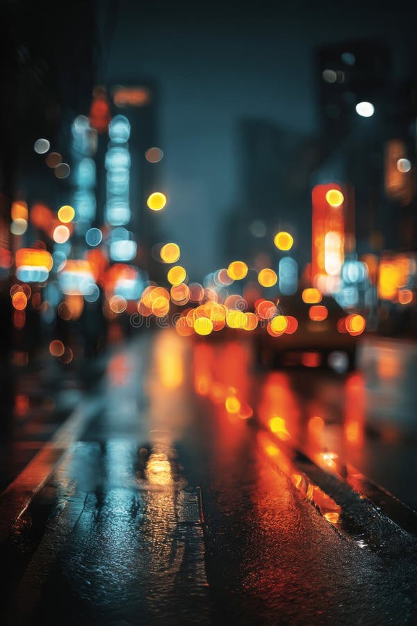 Rainy Urban Night: Blurred City Lights and Wet Reflections Stock ...