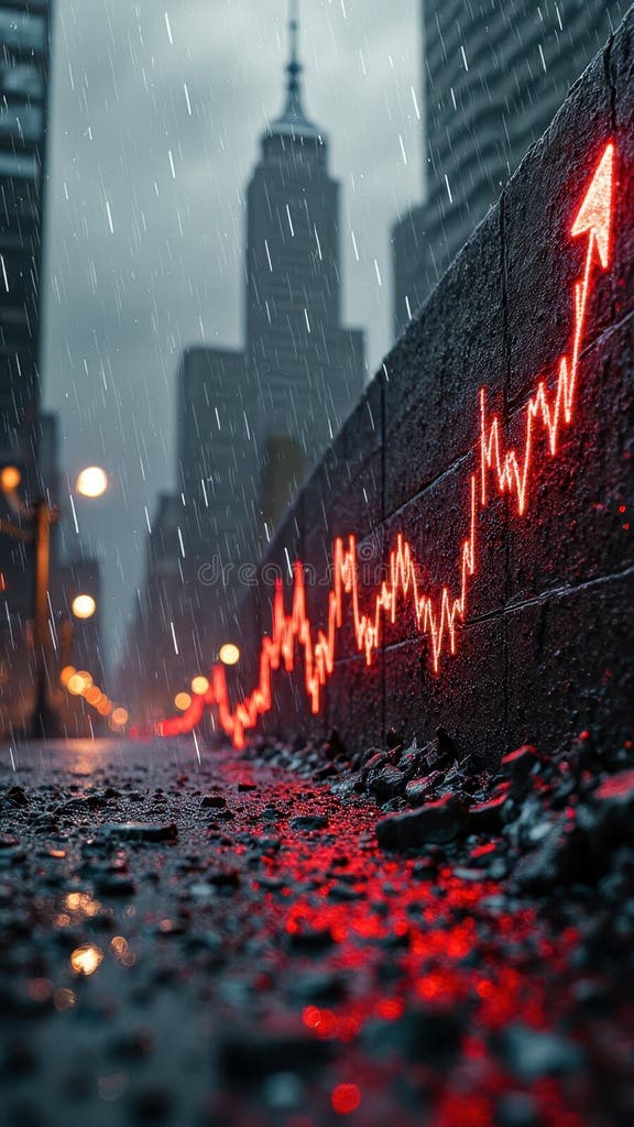 Rainy Urban Scene with Red Neon Graph and Skyscraper Background Stock ...