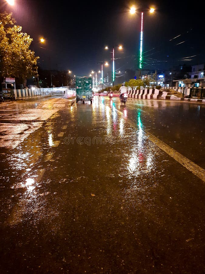 Rainy View of the Road during Night Time at Delhi India, Heavy Rain ...