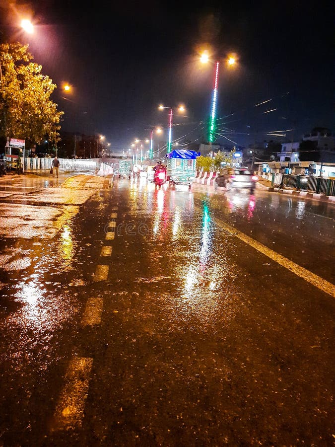 Rainy View of the Road during Night Time at Delhi India, Heavy Rain ...