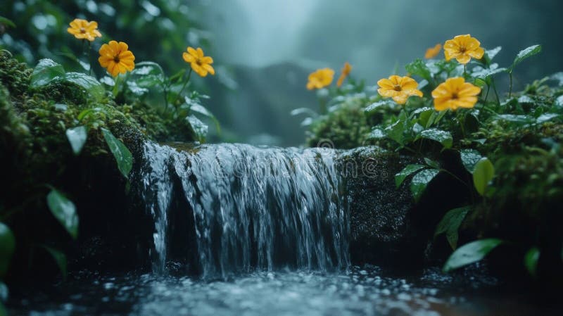 Rainy Waterfall Scene with Yellow Flowers Stock Illustration - Illustration of leaves, peaceful ...