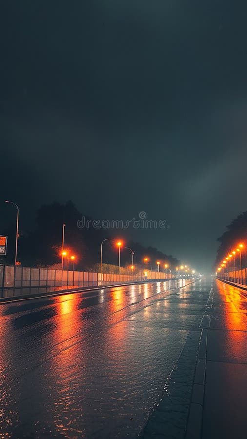 Rainy Weather.a Track with Wet Asphalt and Night Lights. Generated AI ...