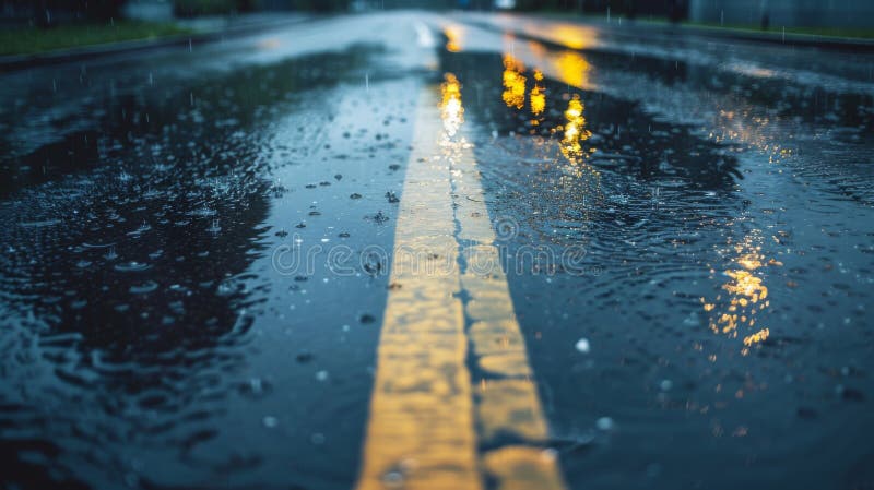 Rainy, Wet Road with Yellow Lines and Reflections at Dusk Stock ...